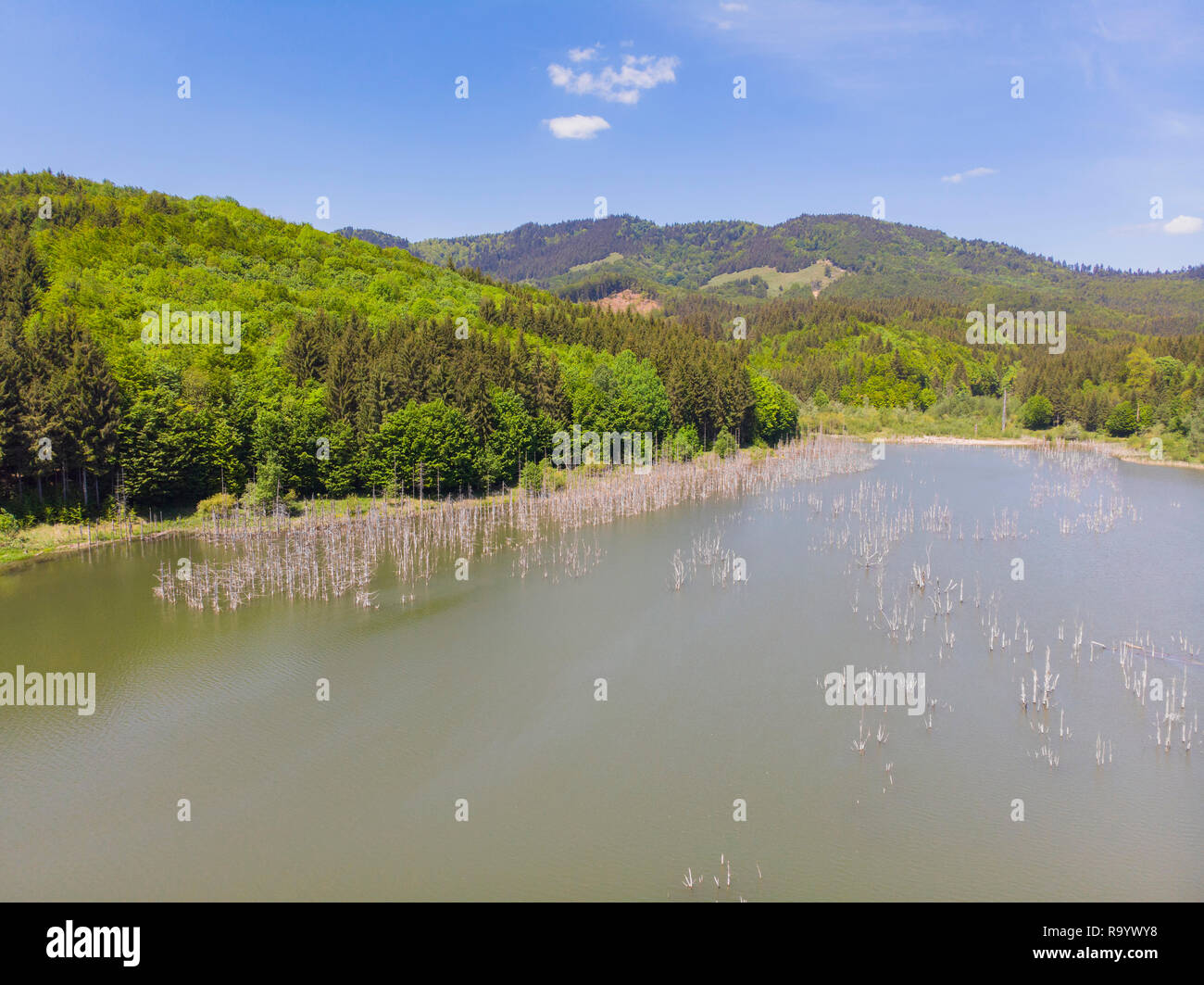 Natural dam lake in Romania, aerial view. In 1991 a major landslide ...
