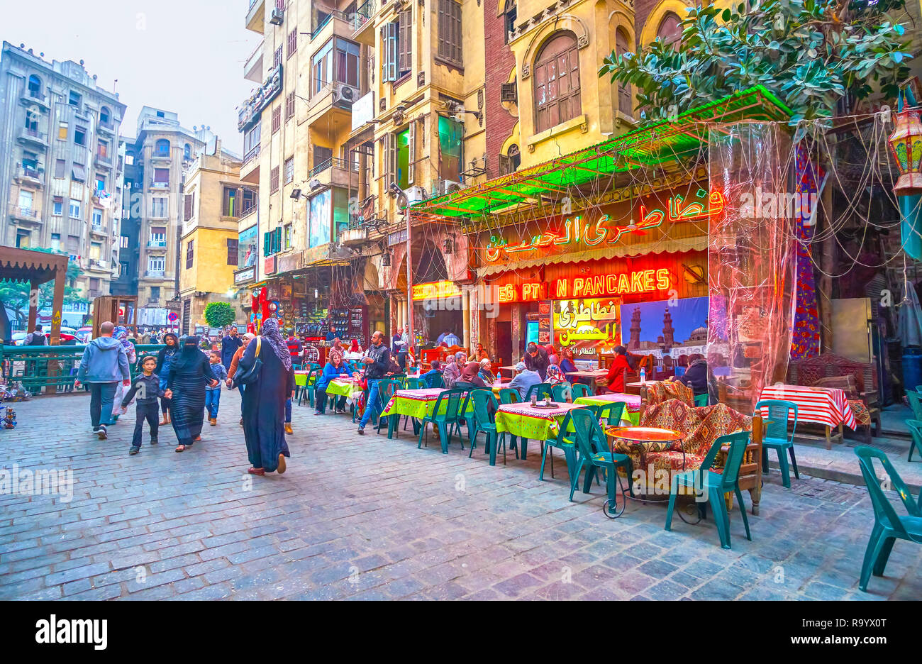 CAIRO, EGYPT - DECEMBER 20, 2017: The open terraces of traditional ...