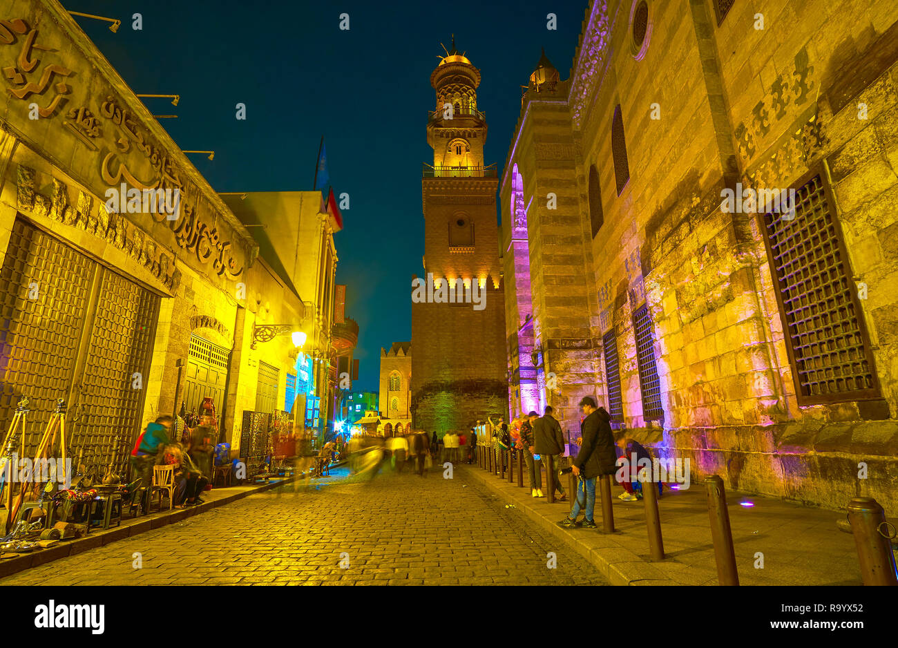 CAIRO, EGYPT - DECEMBER 20, 2017: After dusk Al-Muizz street wakings up ...