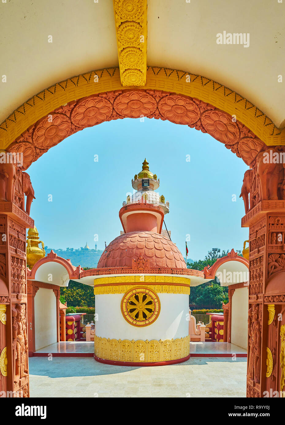 The view through the arch on the scenic shrine of Sitagu International ...