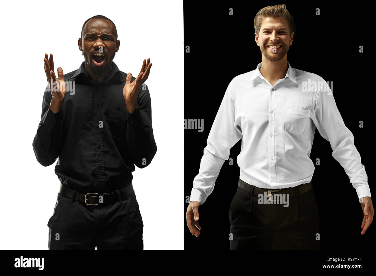 The success happy afro and caucasian men. Mixed couple. Dynamic image ...