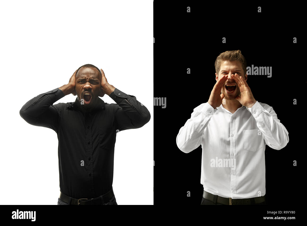 The success happy afro and caucasian men. Mixed couple. Dynamic image ...