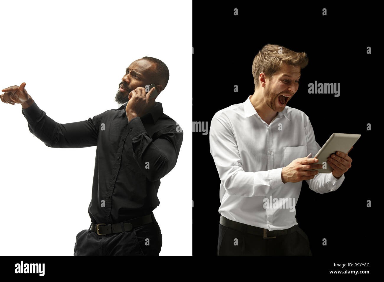 The success happy afro and caucasian men. Mixed couple with gadget ...