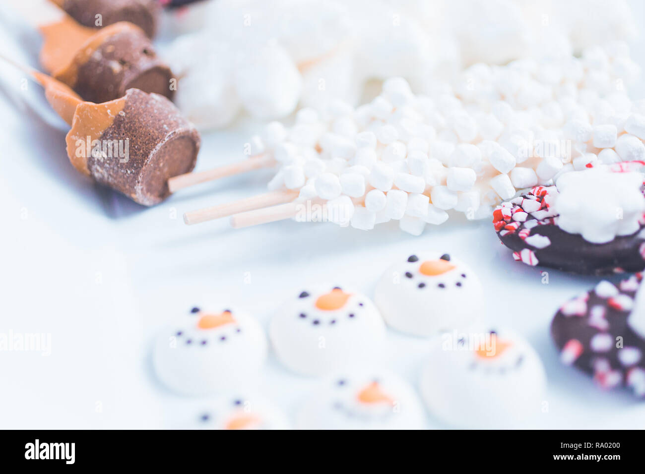 Close up view. Variety of marshmallow toppings with peppermint and ...