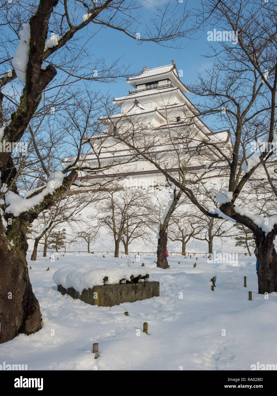 Winter scene in snow of Tsuruga Castle, a reconstruction of an Edo ...