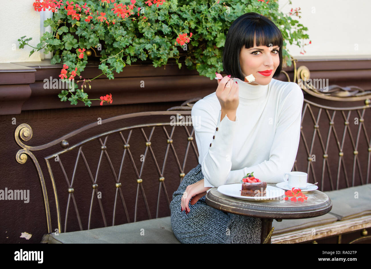 Delicious gourmet cake. Pamper yourself. Girl relax cafe with cake ...