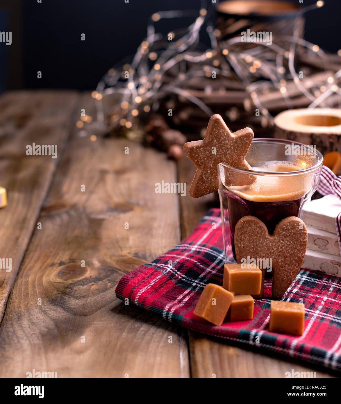 Fresh aromatic coffee and Italian Christmas sweets. Nougat with almonds ...