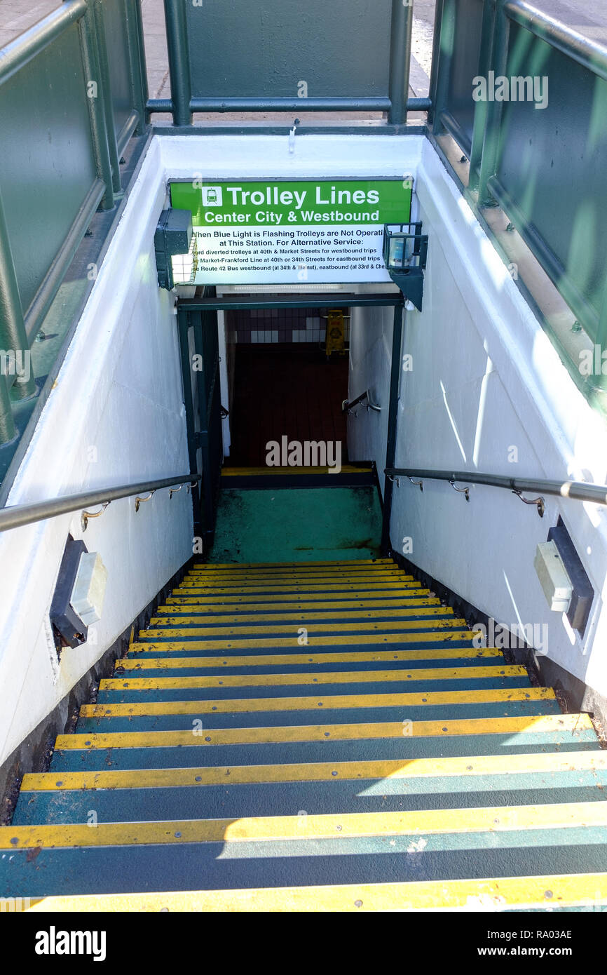 Entrance to trolley lines subway station, Philadelphia, Pennsylvania ...