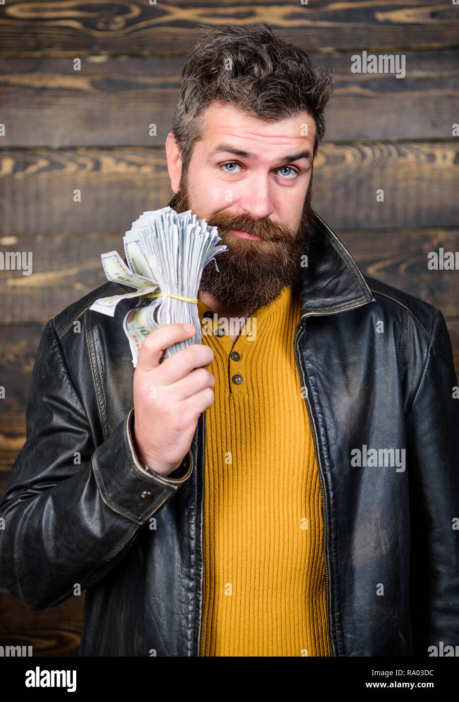 Guy mafia dealer with cash profit. Brutal man has cash money. Richness ...