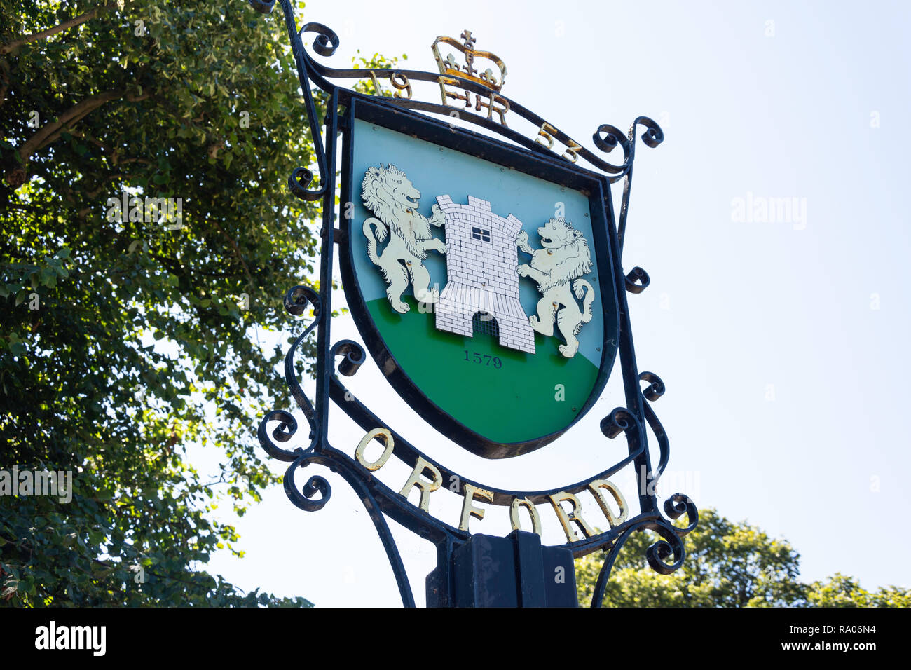 Town sign, Ipswich Road, Orford, Suffolk, England, United Kingdom Stock ...