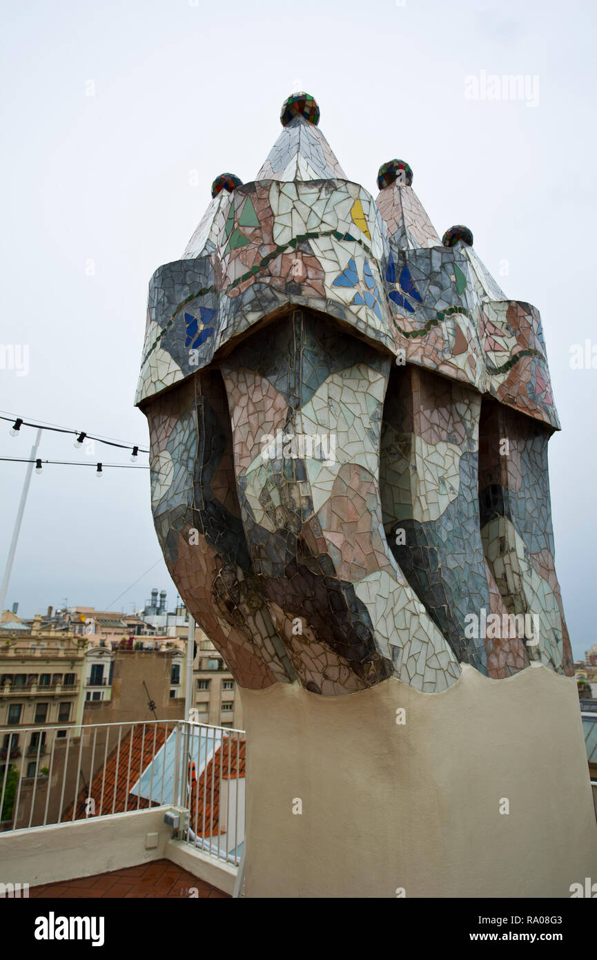 Rooftop ornate chimneys at the Casa Batllo house designed by Antoni ...