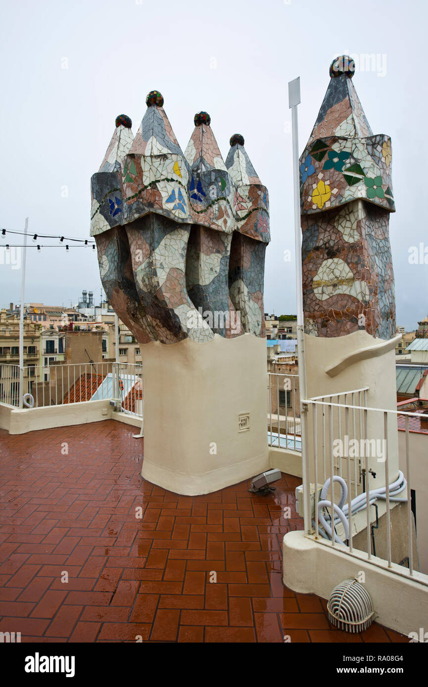 Rooftop ornate chimneys at the Casa Batllo house designed by Antoni ...