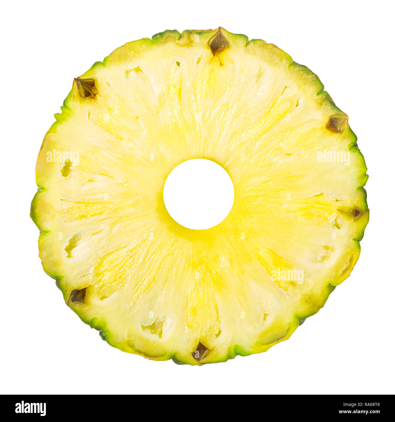 Pineapple (Ananas comosus) round slice, wheel or ring with rind, top ...