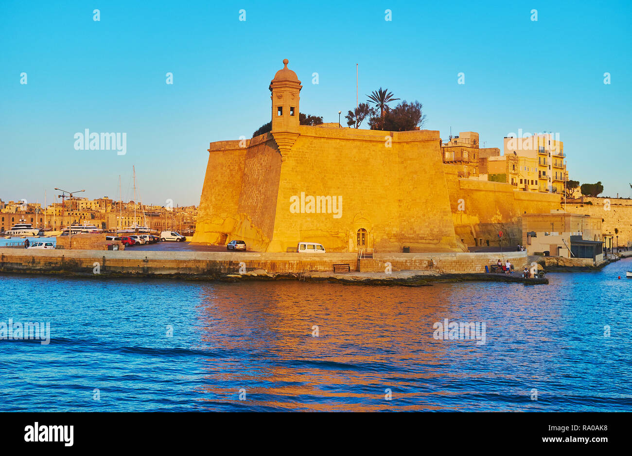 Observe fortified city of Senglea (L-Isla) and its small Guardiola ...