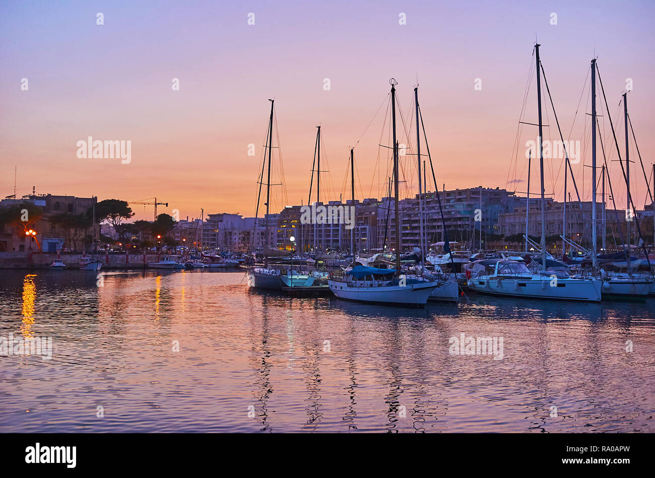 The coast of Ta'Xbiex and Msida yacht marina in bright lights of the ...