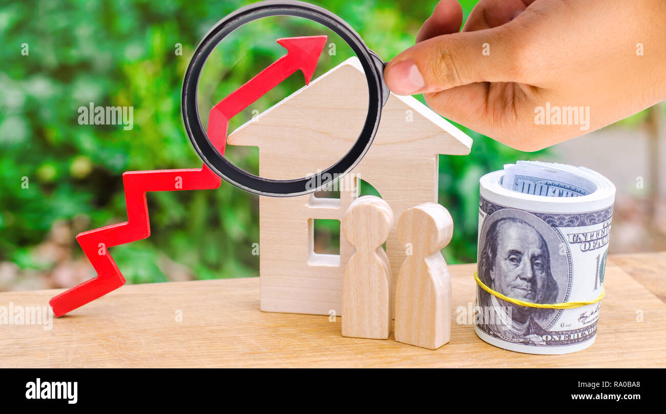 wooden house, money with a red arrow up. concept of high demand for ...