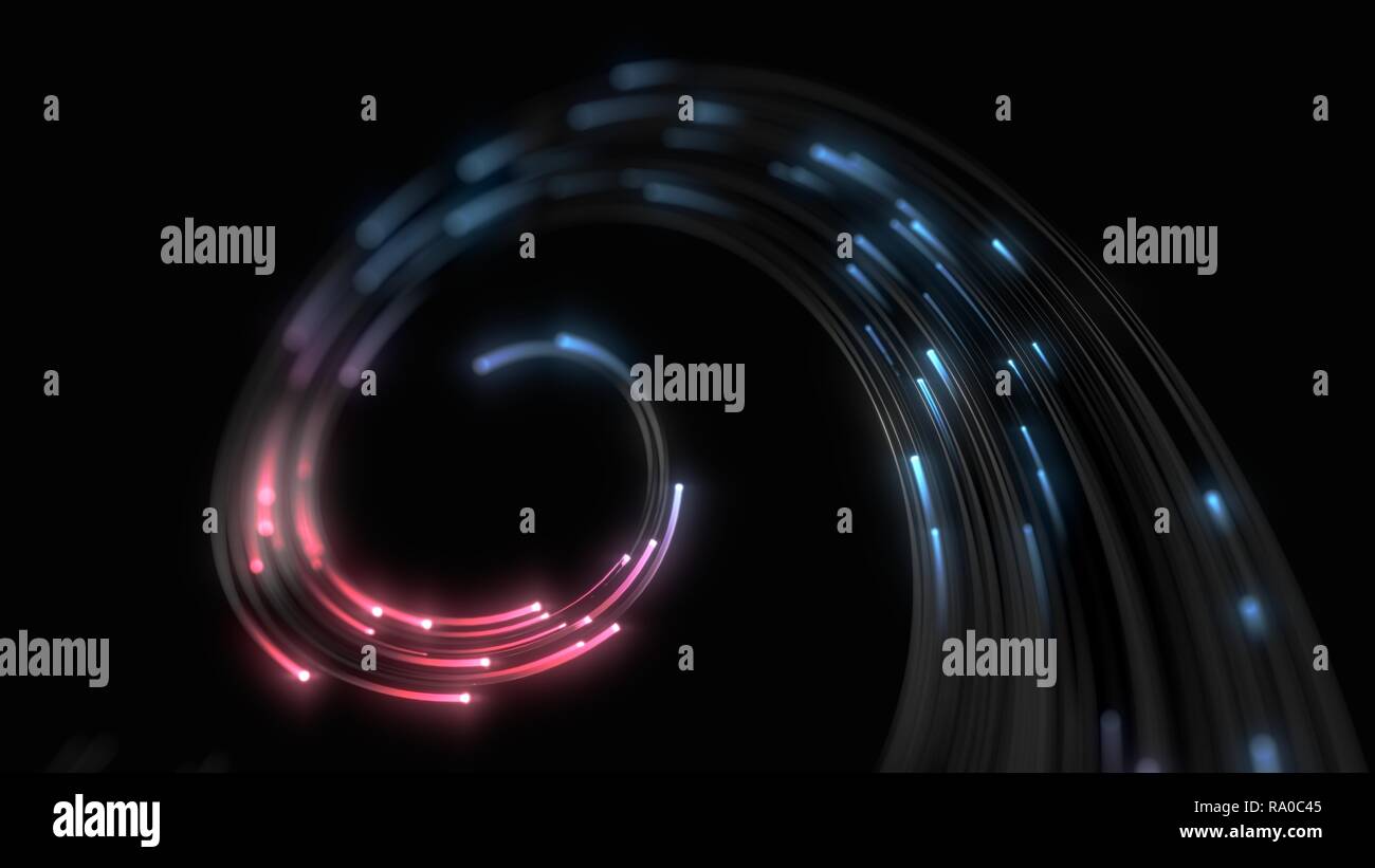 black strings with glowing pink and blue heads in dark. 3d illustration ...
