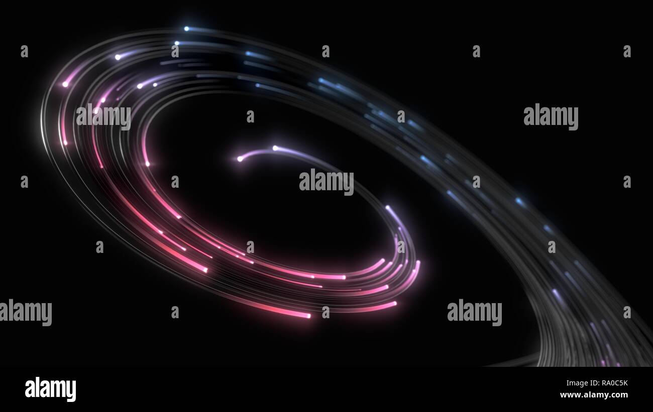 black strings with glowing pink and blue heads in dark. 3d illustration ...