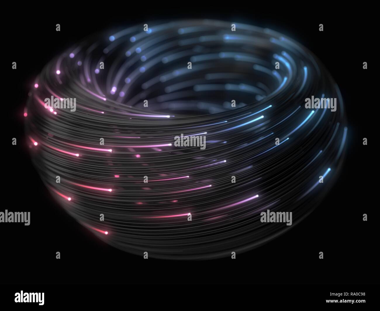 black strings with glowing pink and blue heads in dark. 3d illustration ...