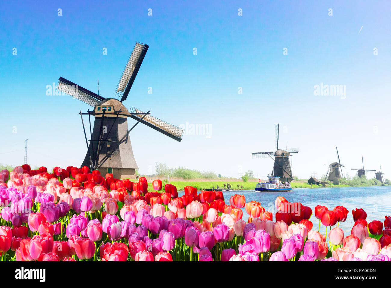dutch windmill over river waters Stock Photo - Alamy
