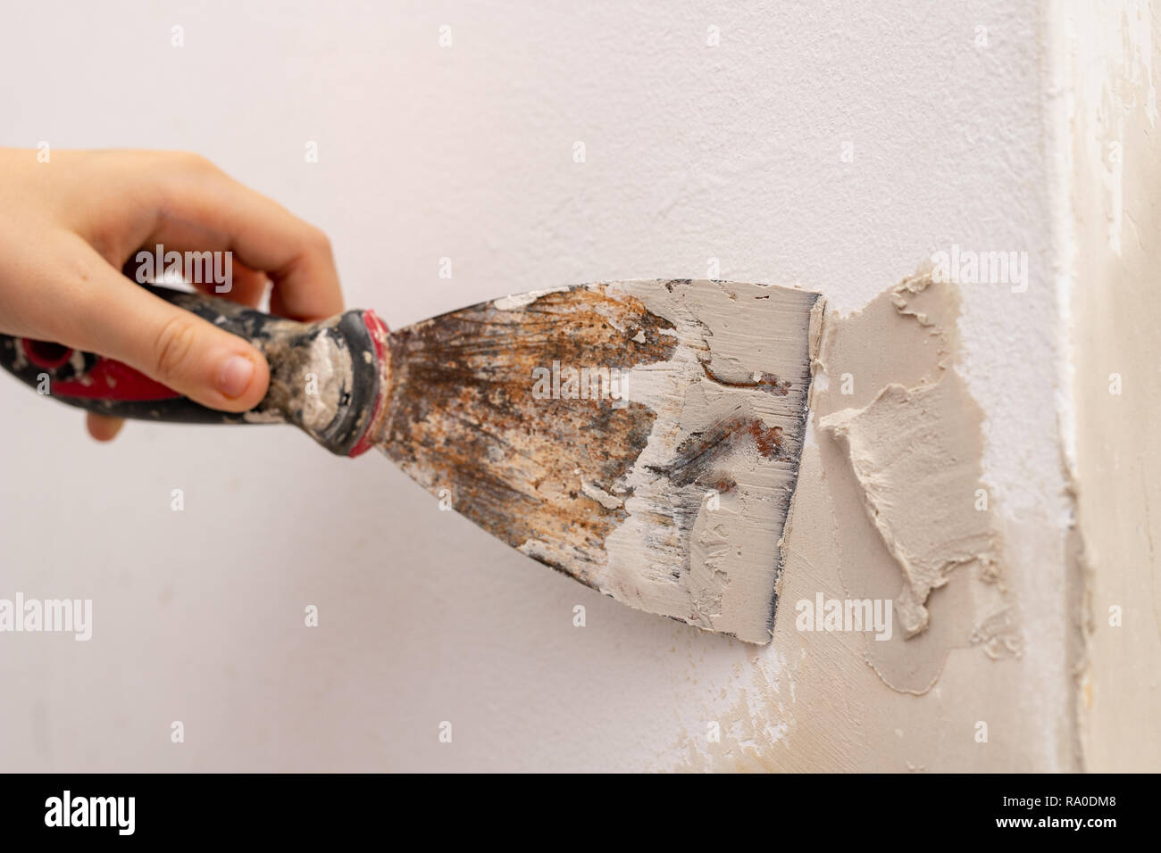 Applying putty to the wall in a new apartment. Renovation and painting ...