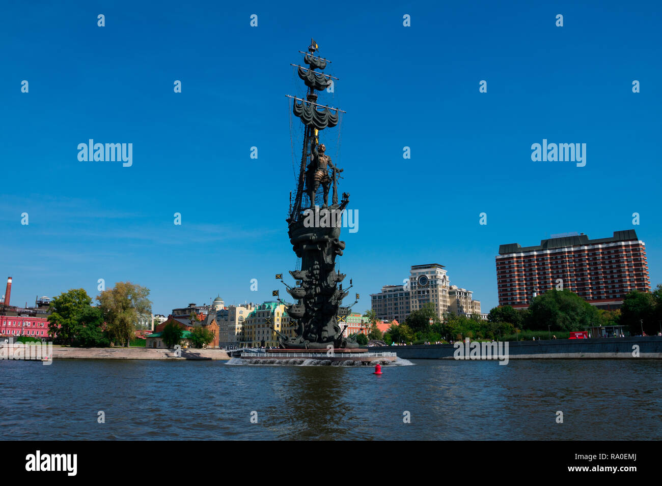 Moscow, Russia. August 26, 2018. Peter the Great Statue is a 98-metre ...