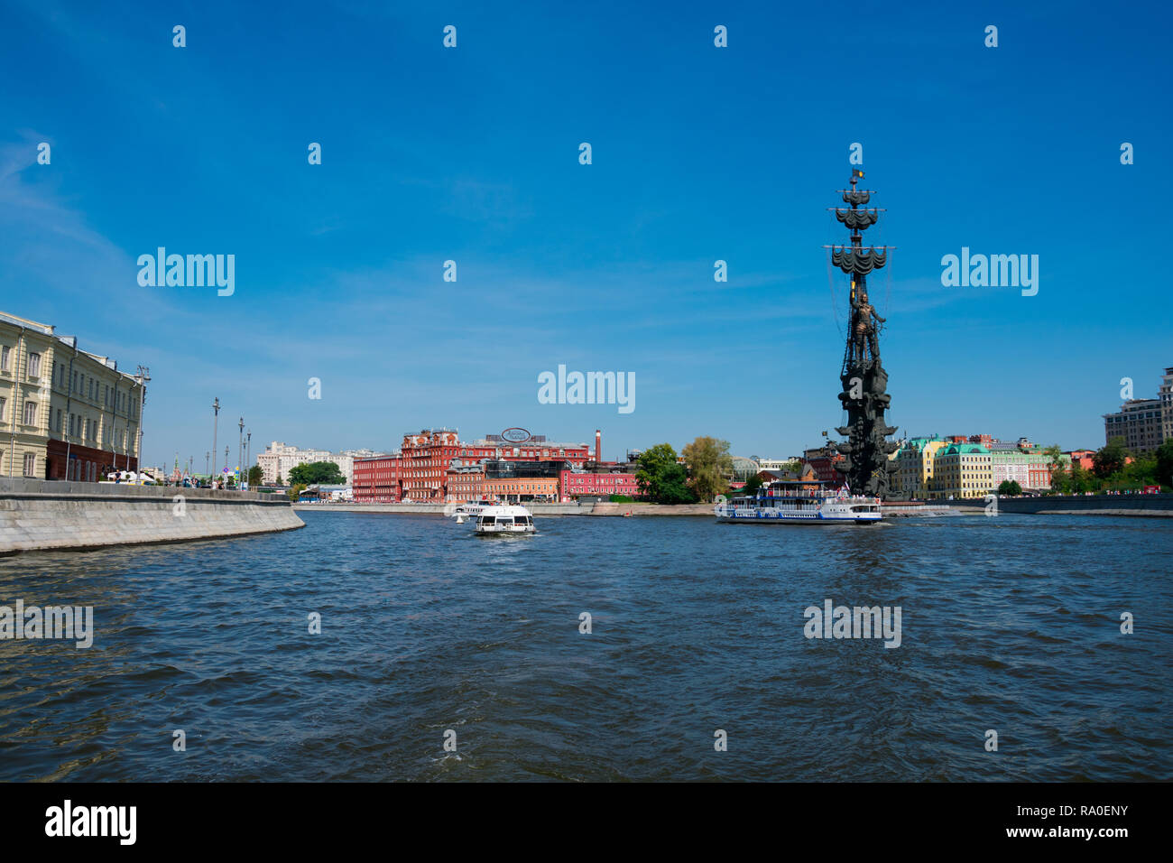 Moscow, Russia. August 26, 2018. Peter the Great Statue is a 98-metre ...