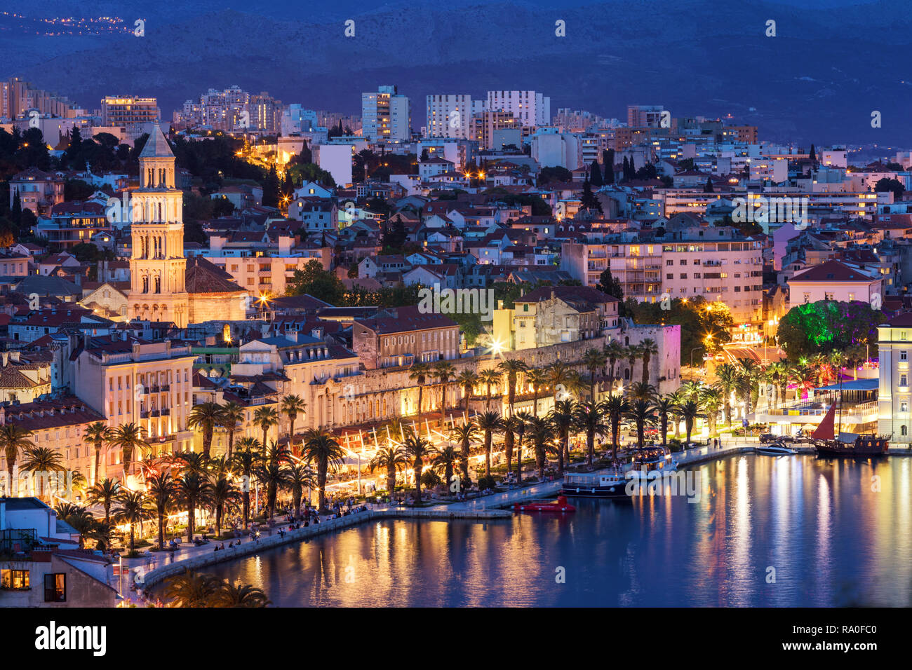 Amazing Split city waterfront panorama at blue hour, Dalmatia, Europe ...