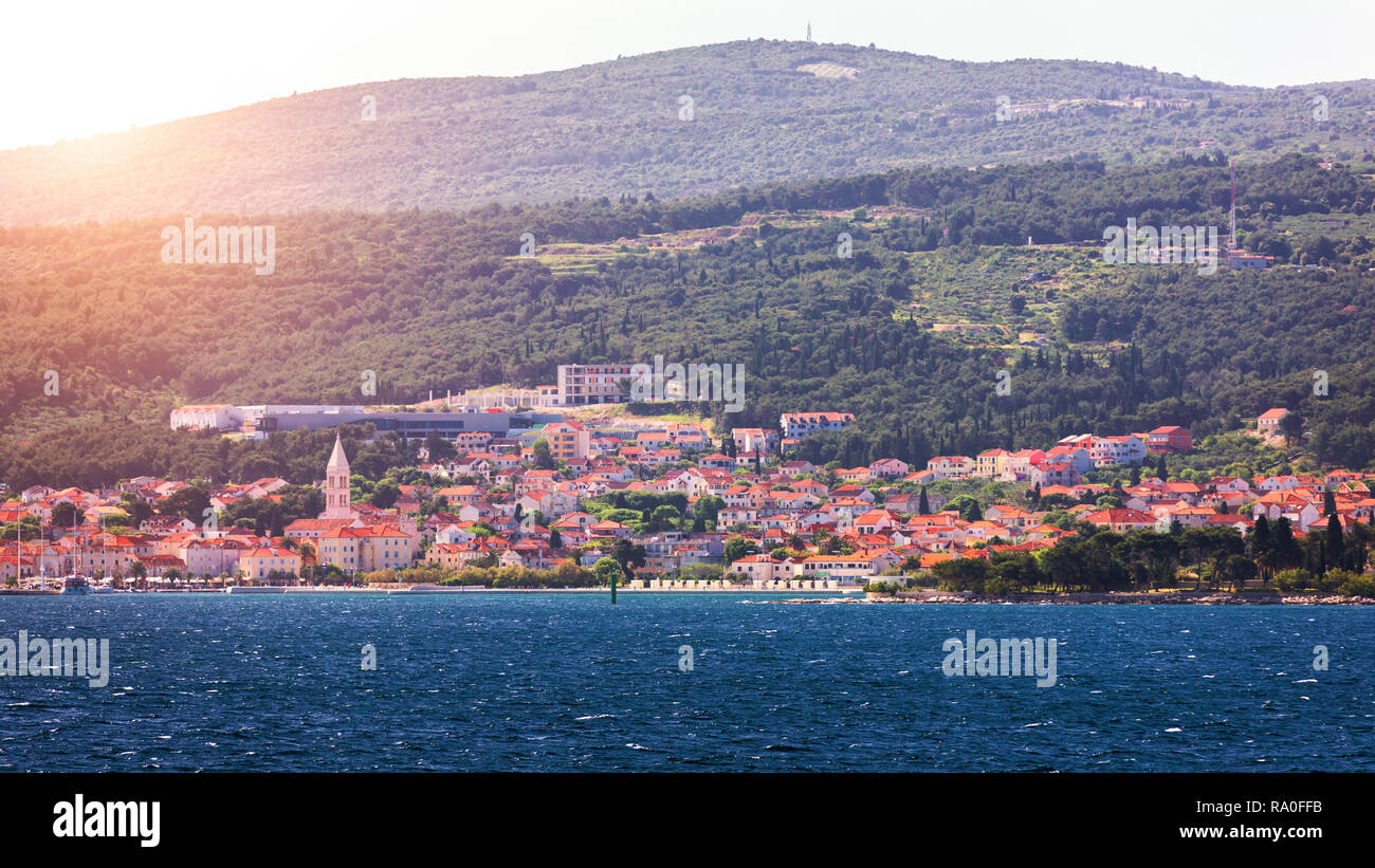 Supetar city in Brac island, Croatia. View from the sea. Picturesque ...