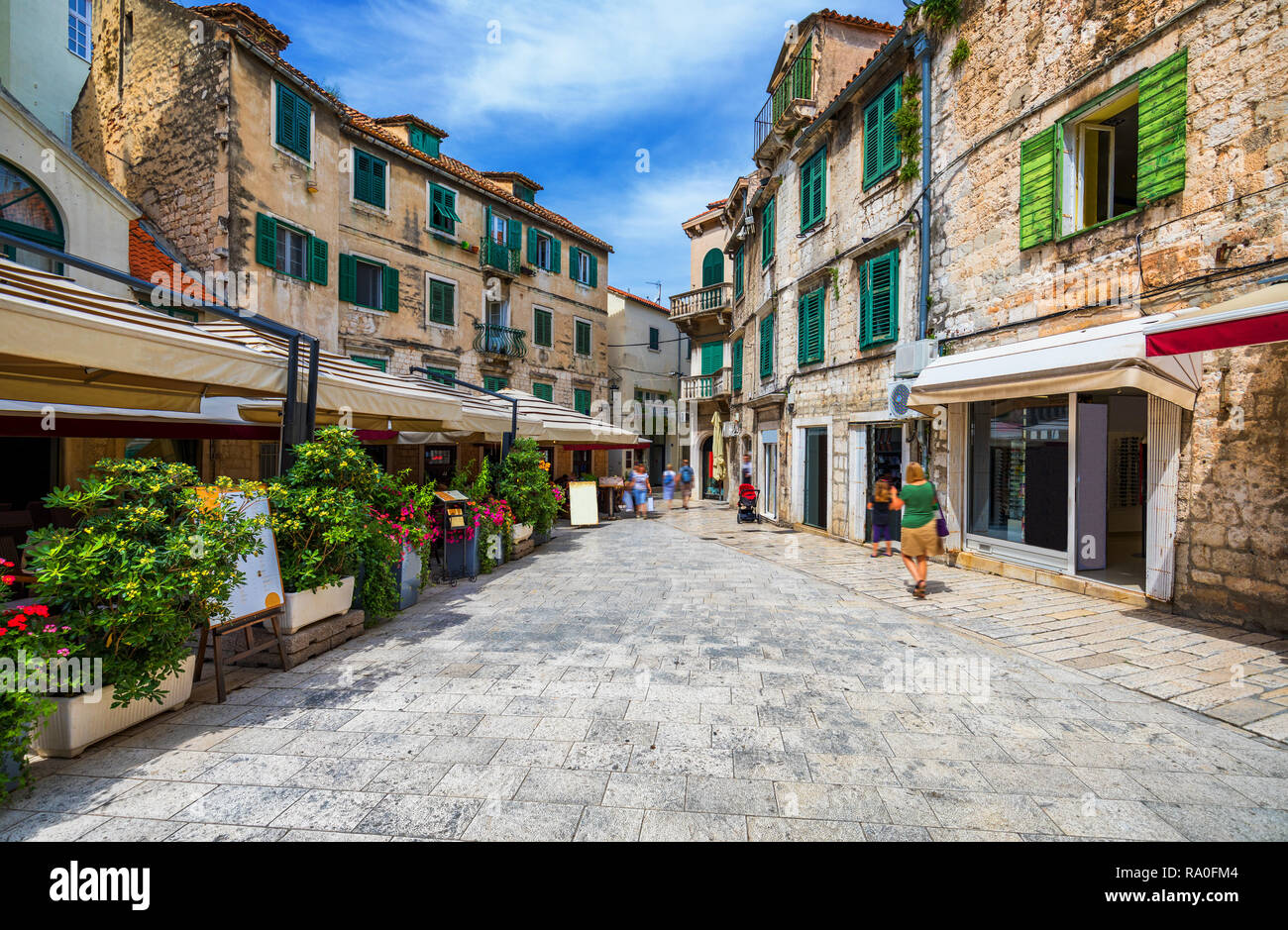 Street in Split historical center, Croatia. Beautiful square of the old ...