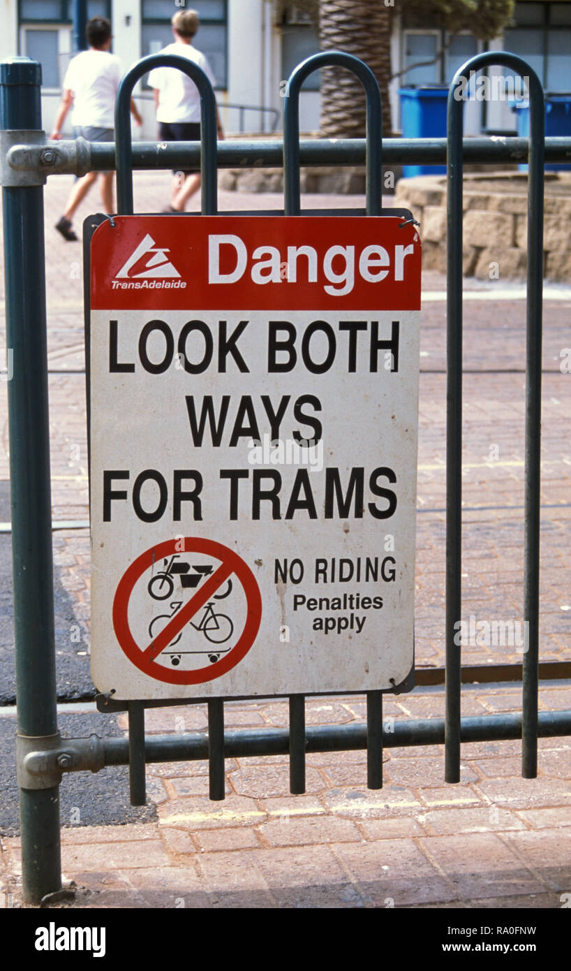 TRAM WARNING SIGN, LOOK BOTH WAYS FOR TRAMS, ADELAIDE, SOUTH AUSTRALIA ...