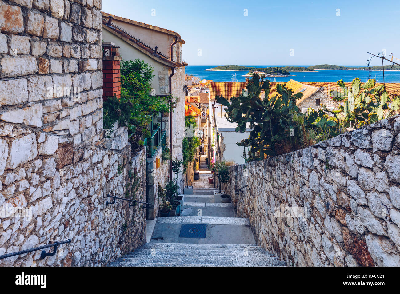 Beautiful street with flowers in the Hvar town, Hvar island, Dalmatia ...