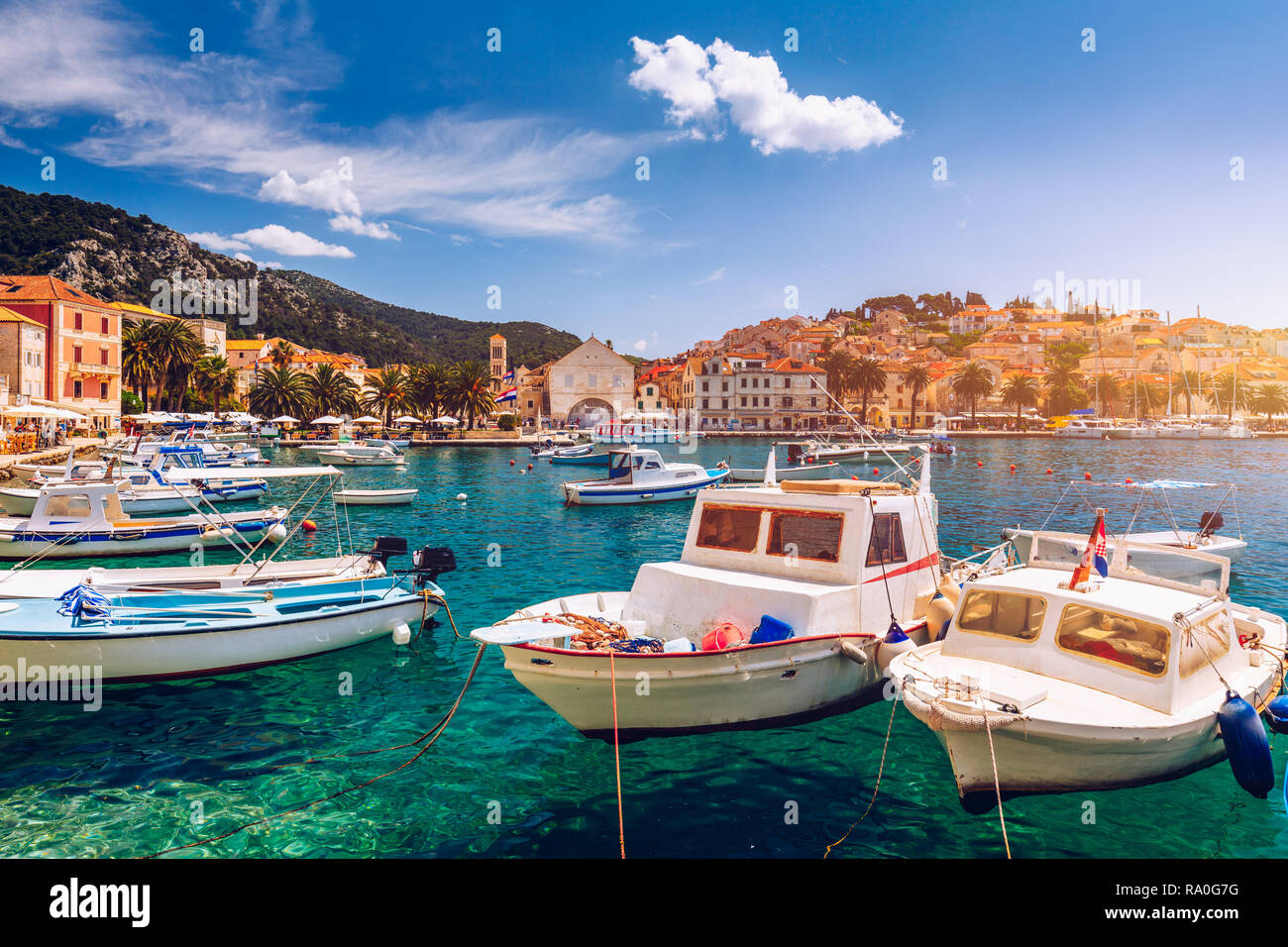 View at amazing archipelago with fishing boats in town Hvar, Croatia ...