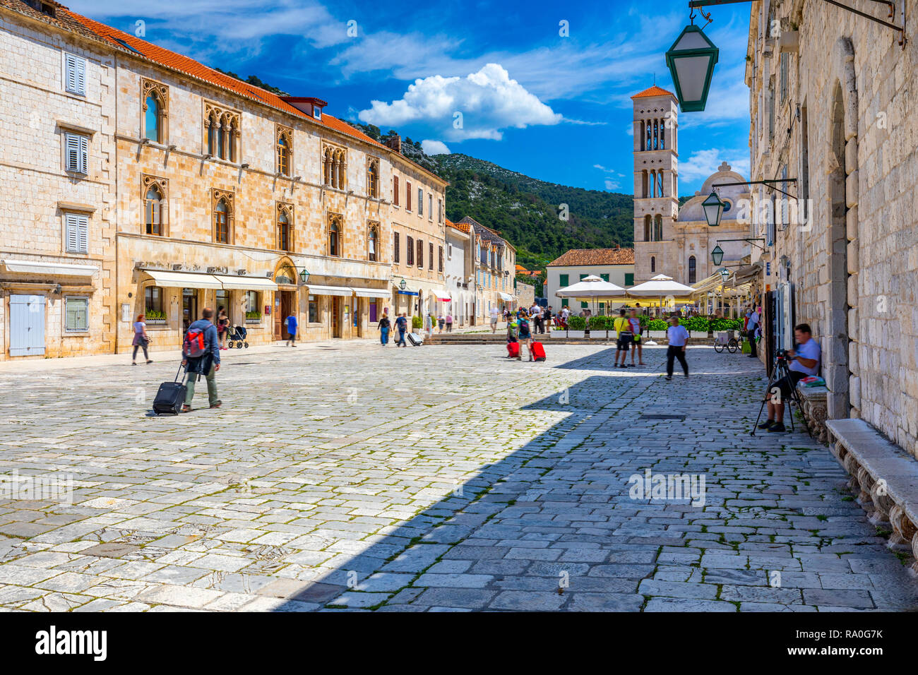 Main square in old medieval town Hvar. Hvar is one of most popular ...