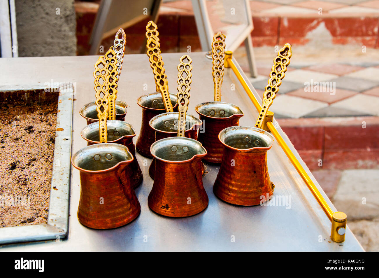 Traditional Turkish coffee equipment on sand. Turk kahvesi famous in ...