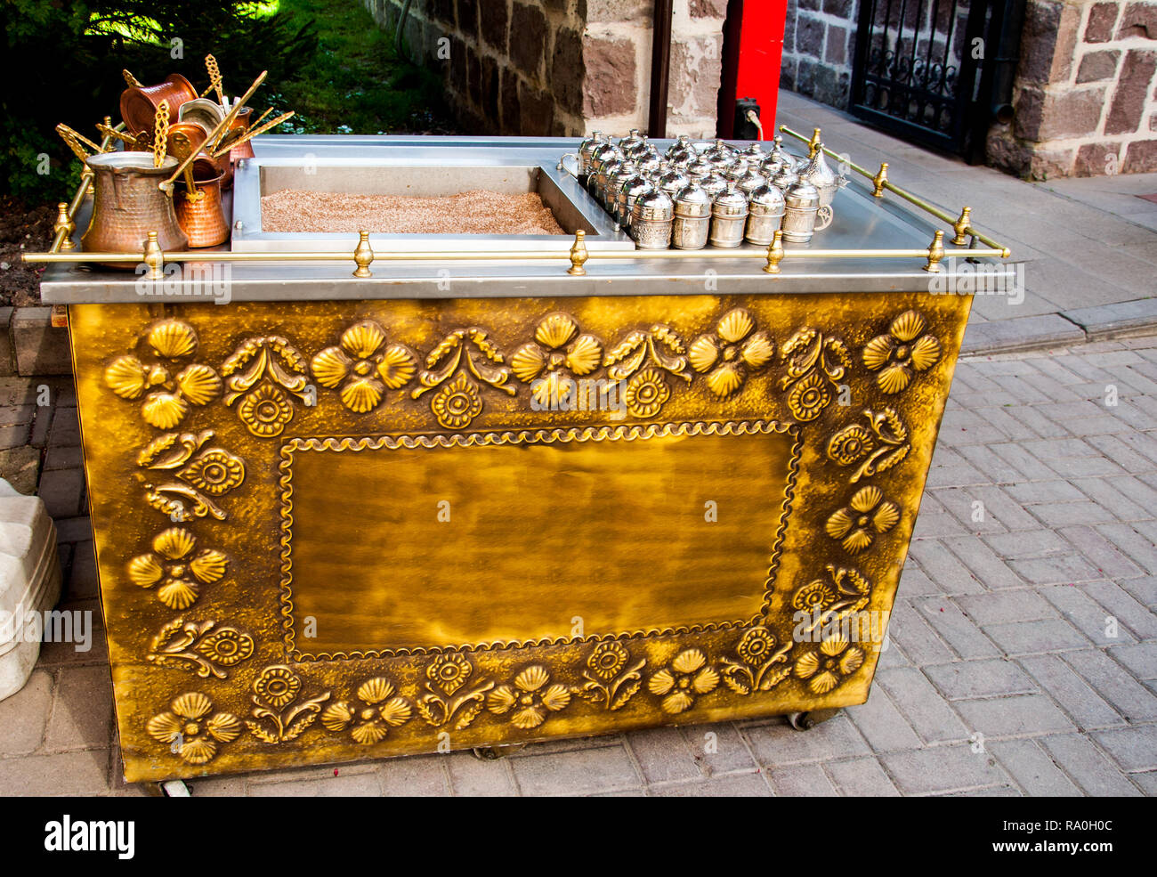 Traditional Turkish coffee equipment on sand. Turk kahvesi famous in ...