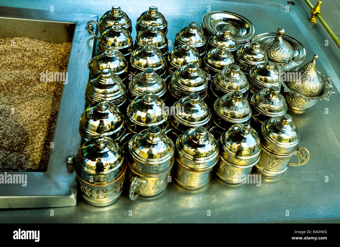 Traditional Turkish coffee equipment on sand. Turk kahvesi famous in ...