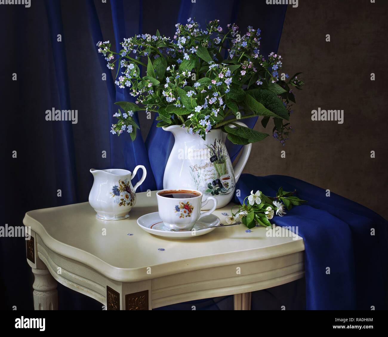 Still life with bouquet of forget me not Stock Photo - Alamy