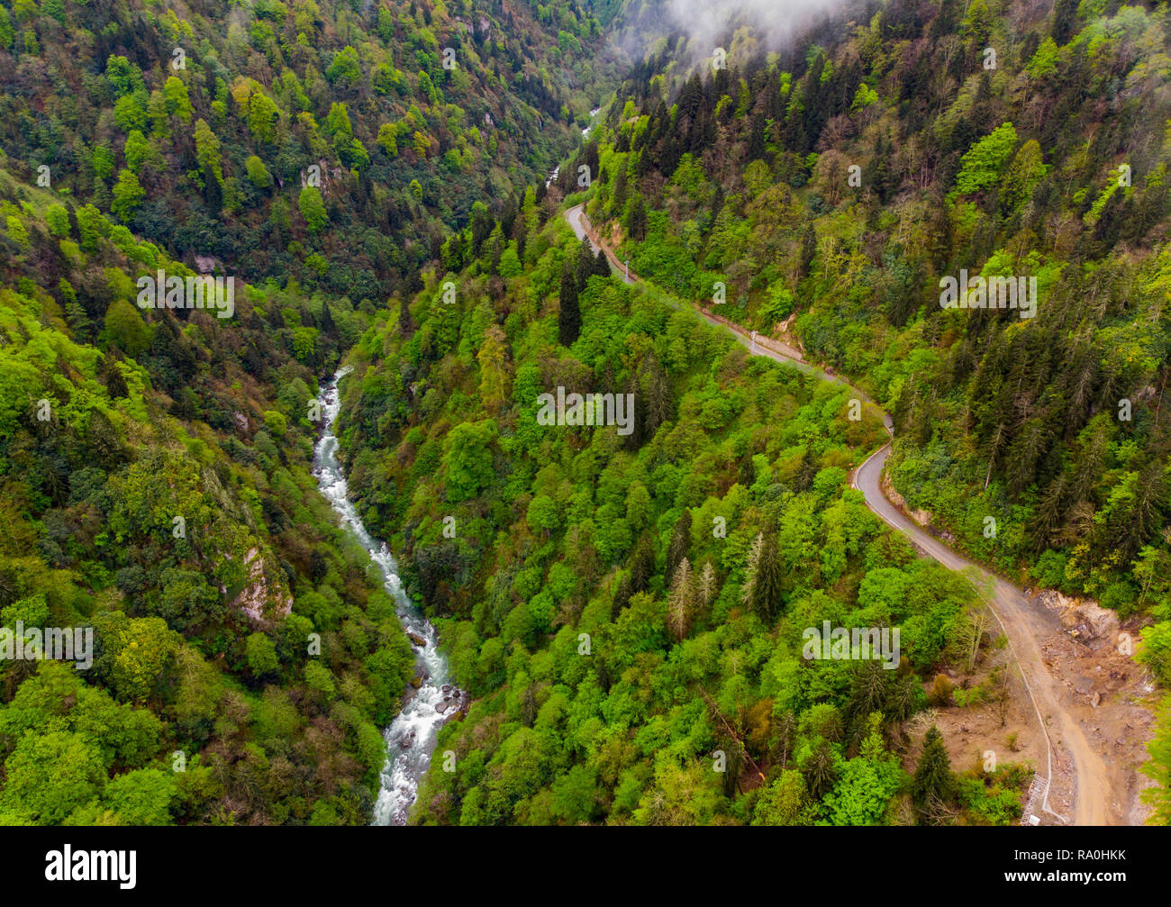 Aerial, top view to natural mountain landscape. Stream flowing Stock ...