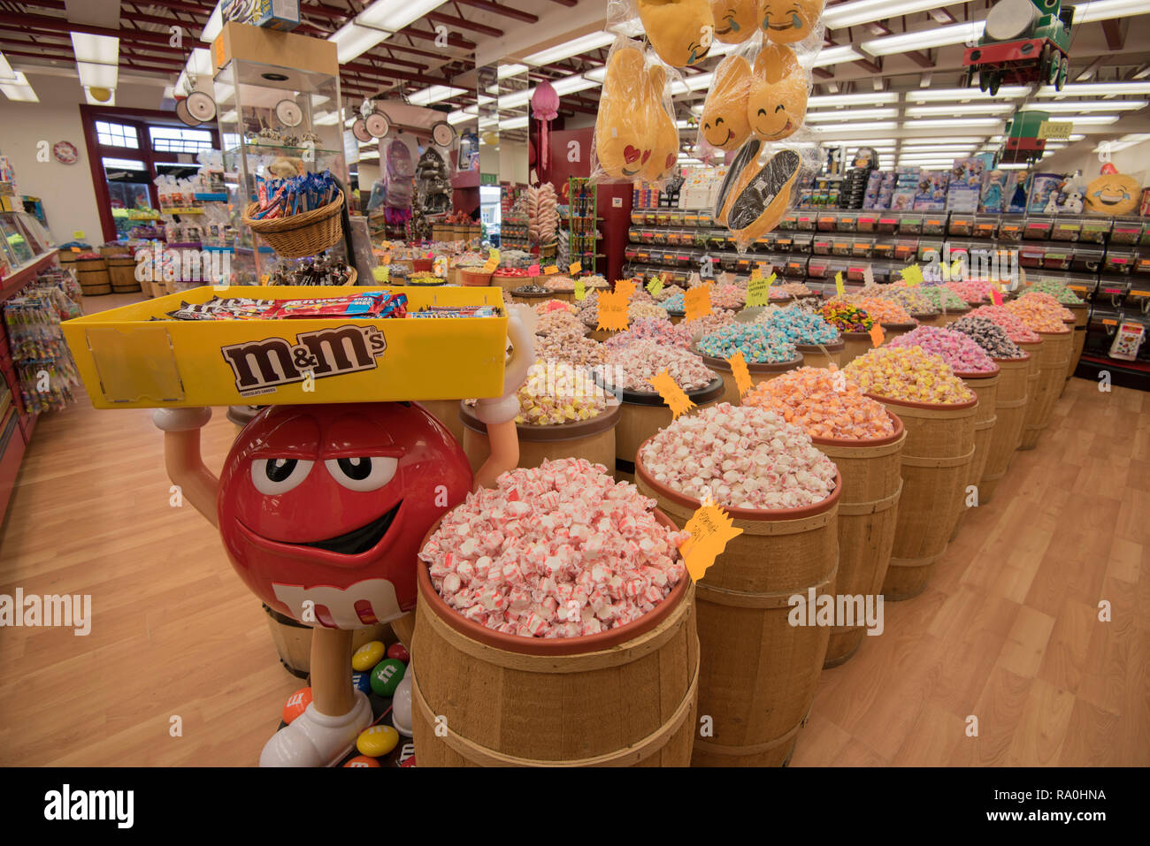 The interior of a Monterey candy store including barrels of Californian ...