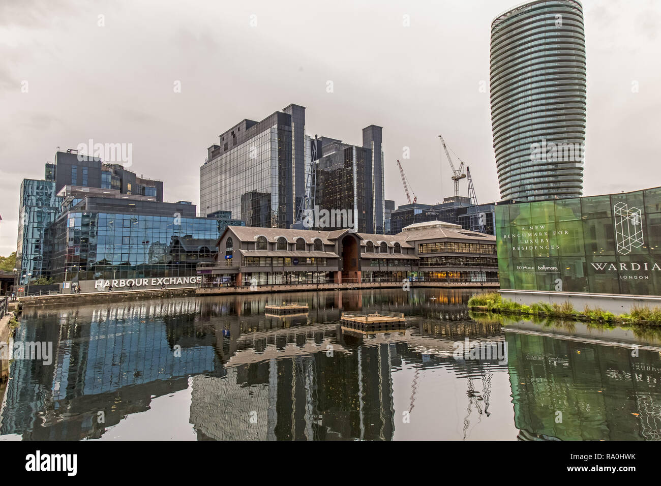 Part of the Harbour Exchange complex at Canary Wharf in London, showing ...