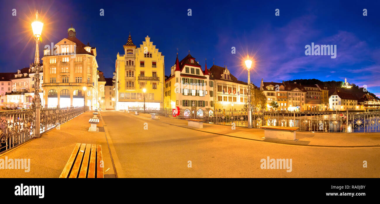 Luzern panoramic evening view of famous landmarks and Reuss river ...