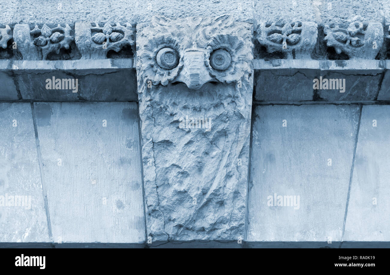 HELSINKI, Finland - July 23, 2013: Owl shaped sculpture on an exterior ...