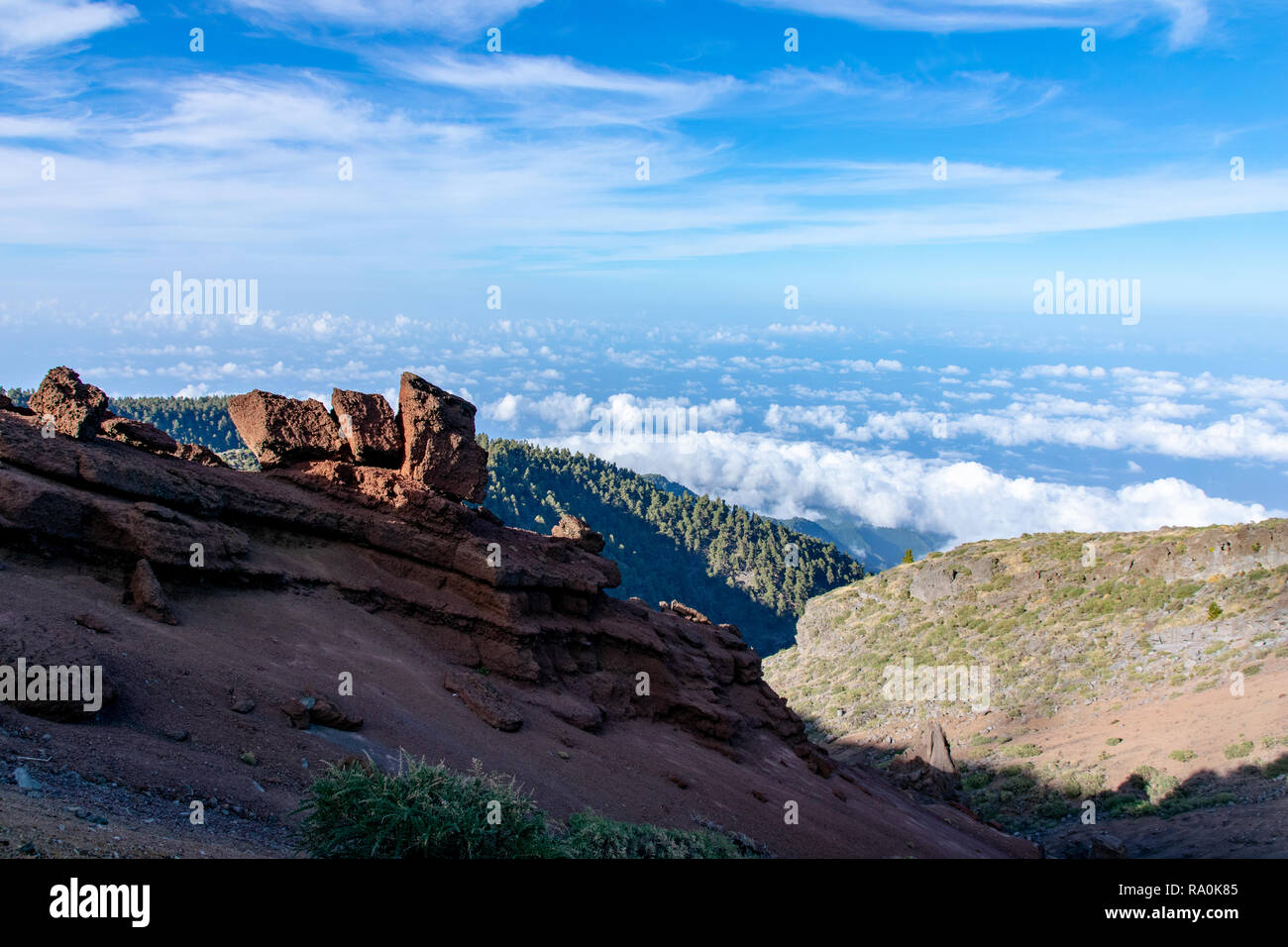 Volcanic geological rock formations above the cloud level at La Palma ...