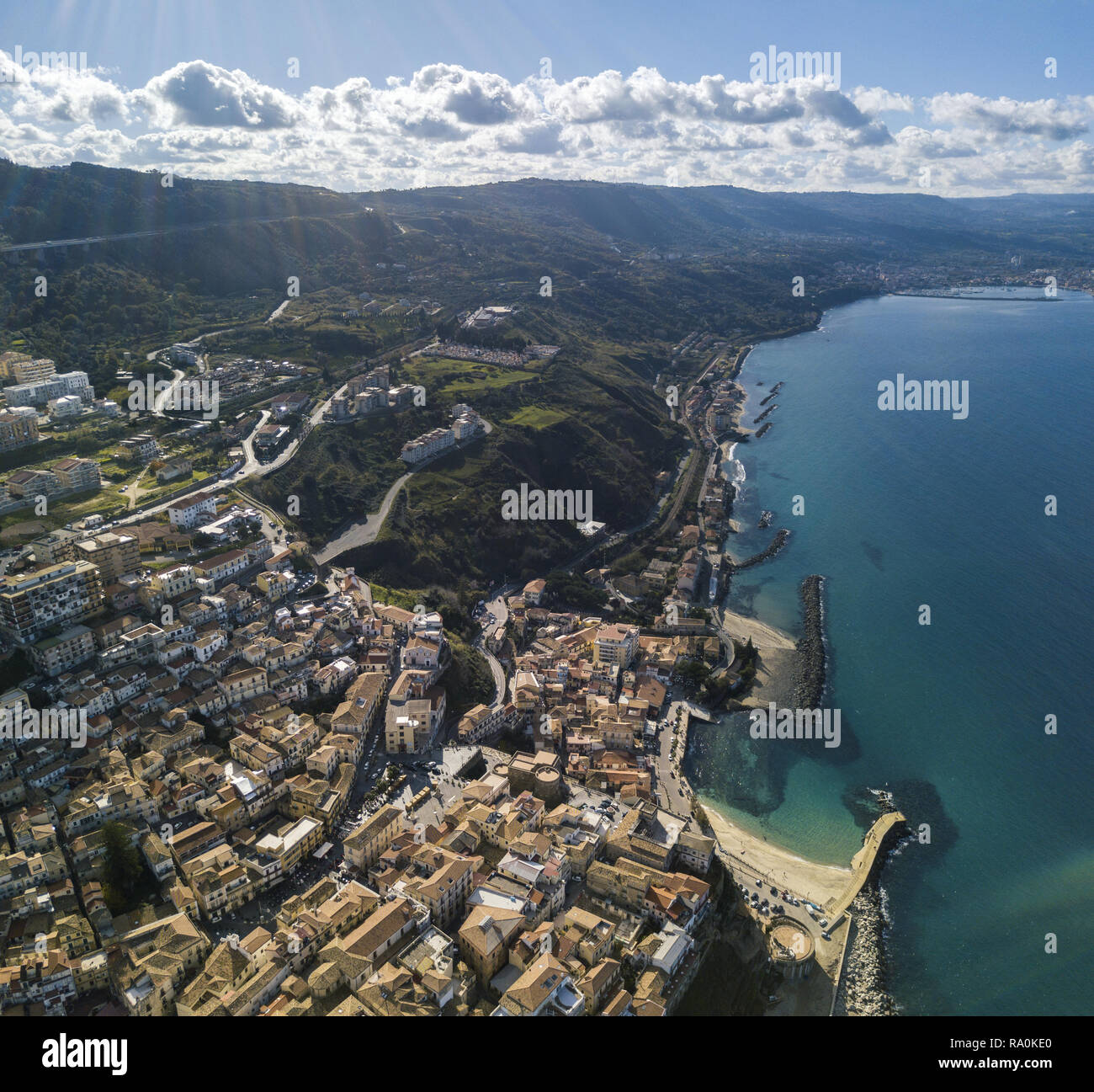 Aerial view of Pizzo Calabro, pier, castle, Calabria, tourism Italy ...