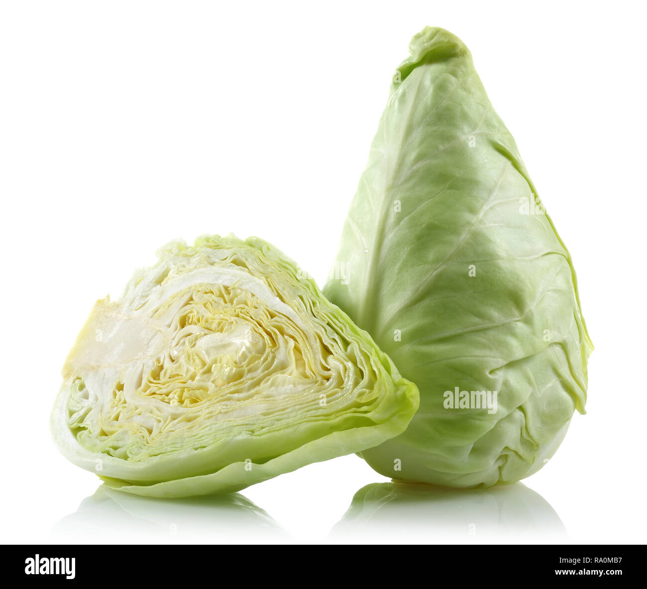 Fresh green cabbage with slice isolated on white background. Studio ...