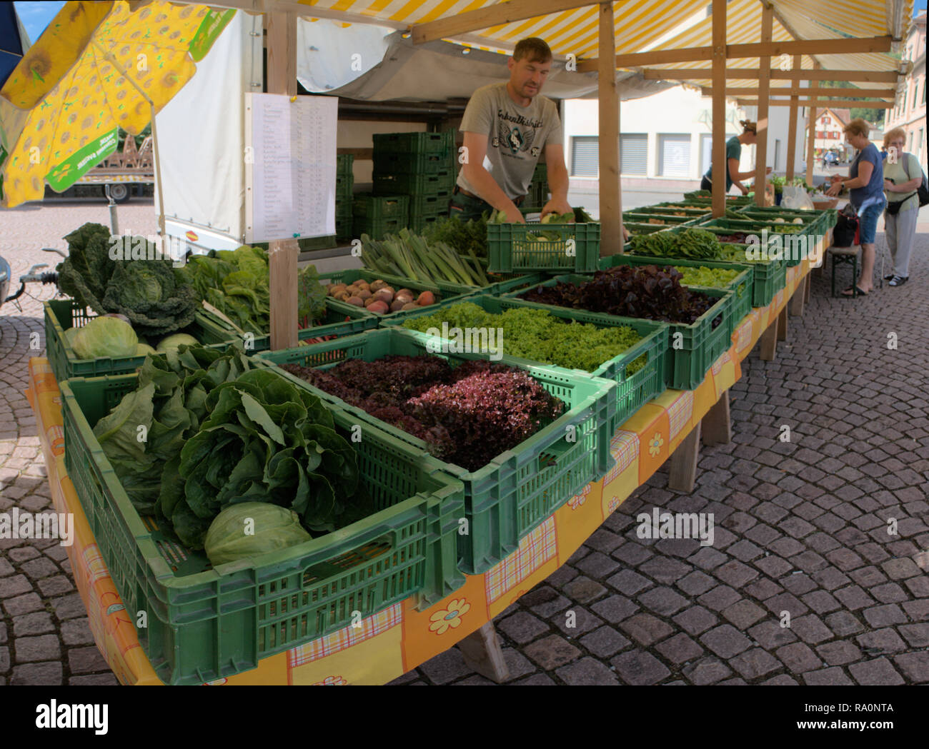 Stalls at open-air market in Swiss village of Flums Stock Photo - Alamy