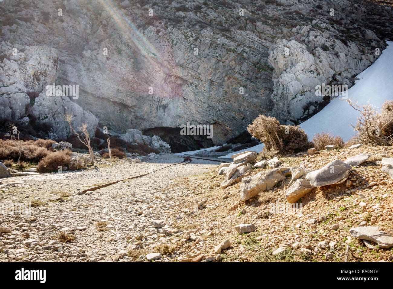 View of a track with mountain tunnel in background Crete Greece Europe ...