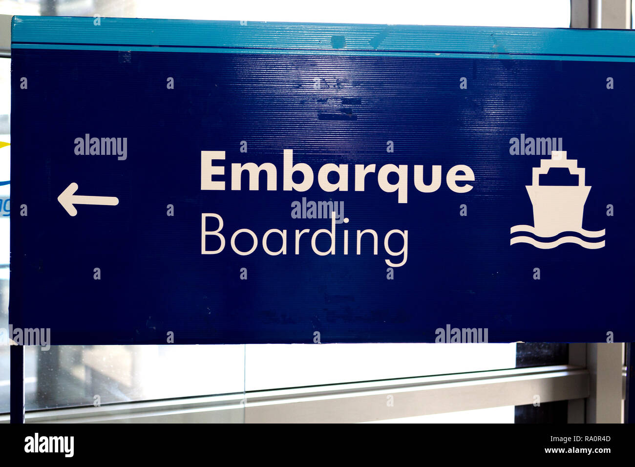 Embarkation / boarding sign. Port Authorities Malaga Spain Stock Photo ...