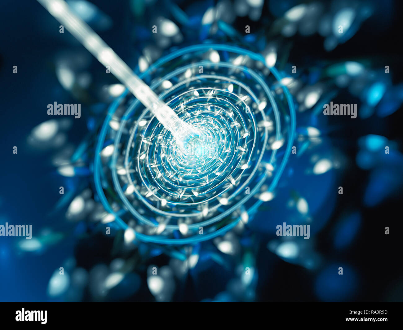 Glowing quantum beam weapon hit blue target, computer generated ...